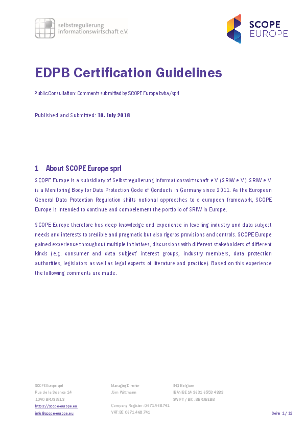 SCOPE Europe submits comments on EDPB certification guidelines: SCOPE ... SCOPE Europe submits comments on EDPB certification guidelines: SCOPE ...