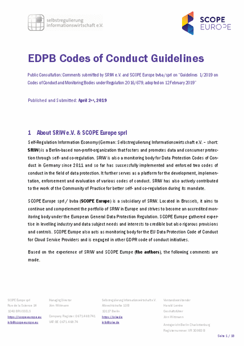 SCOPE Europe submits comments on EDPB Code of Conduct Guidelines: SCOPE ... SCOPE Europe submits comments on EDPB Code of Conduct Guidelines: SCOPE ...